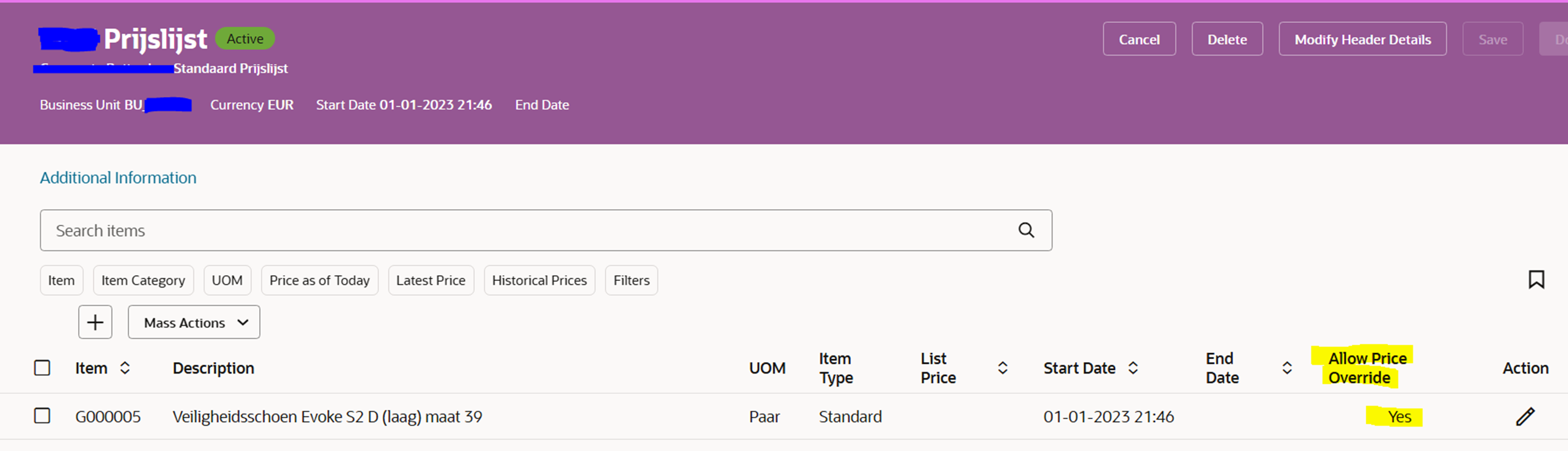 Redwood Price list Allow price override default value — Cloud Customer Connect