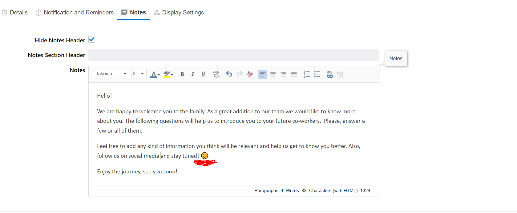 Journey-Notes section of task comprises of emoji? (Configuration ...