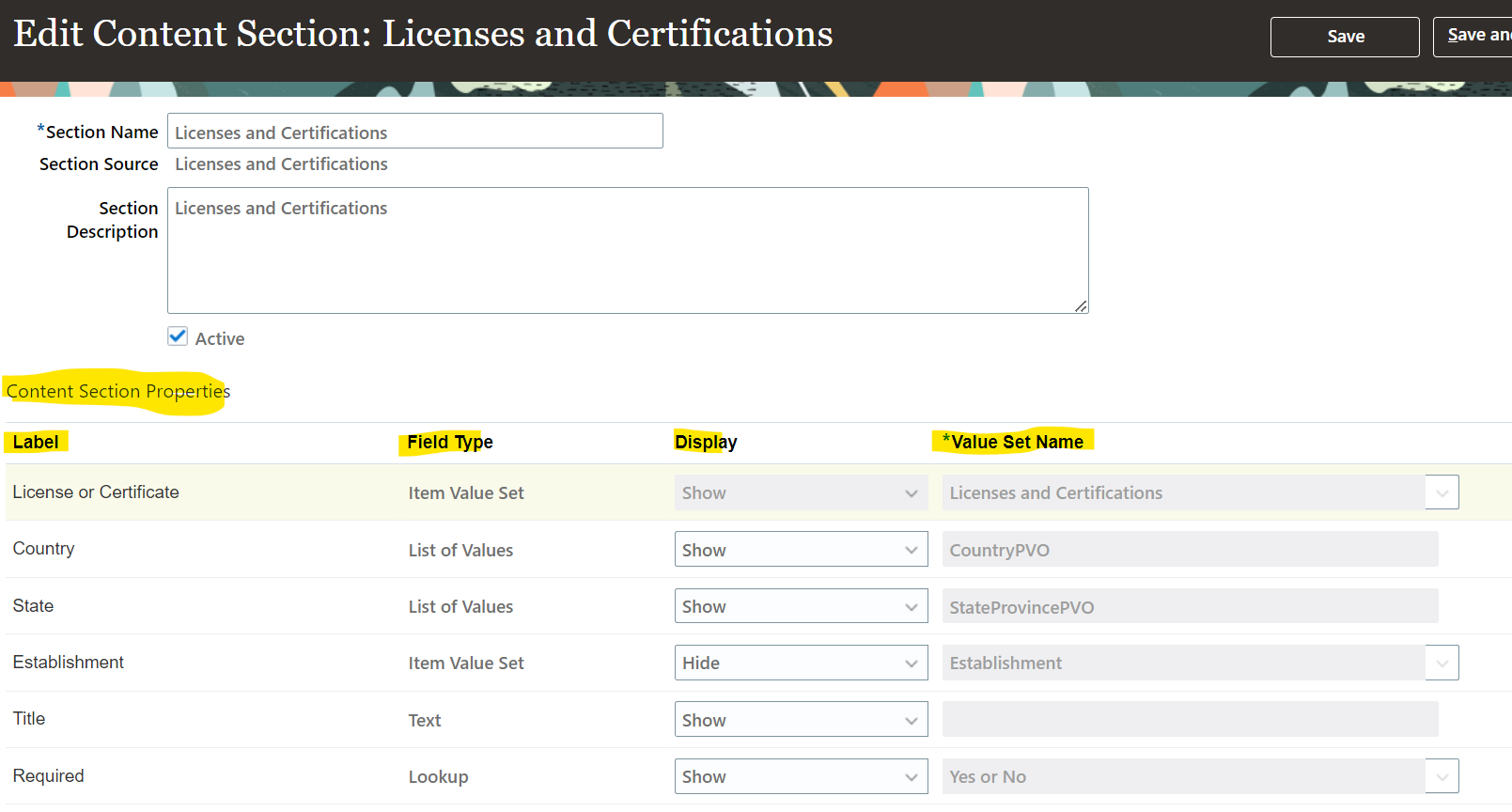Tables that hold Content Section Properties details of Licenses and Certifications under ...