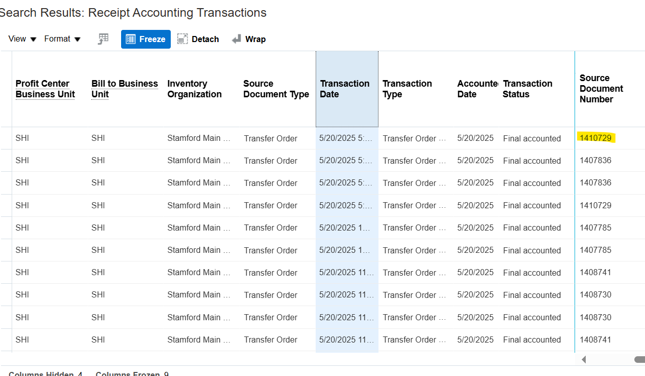 Which SQL table stores the Transfer Order Receipt Distribution Journal ...