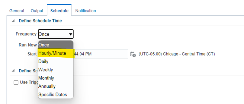 Can we hide or disable the Hourly/Minute frequency while schedule BIP Reports? — Cloud Customer ...
