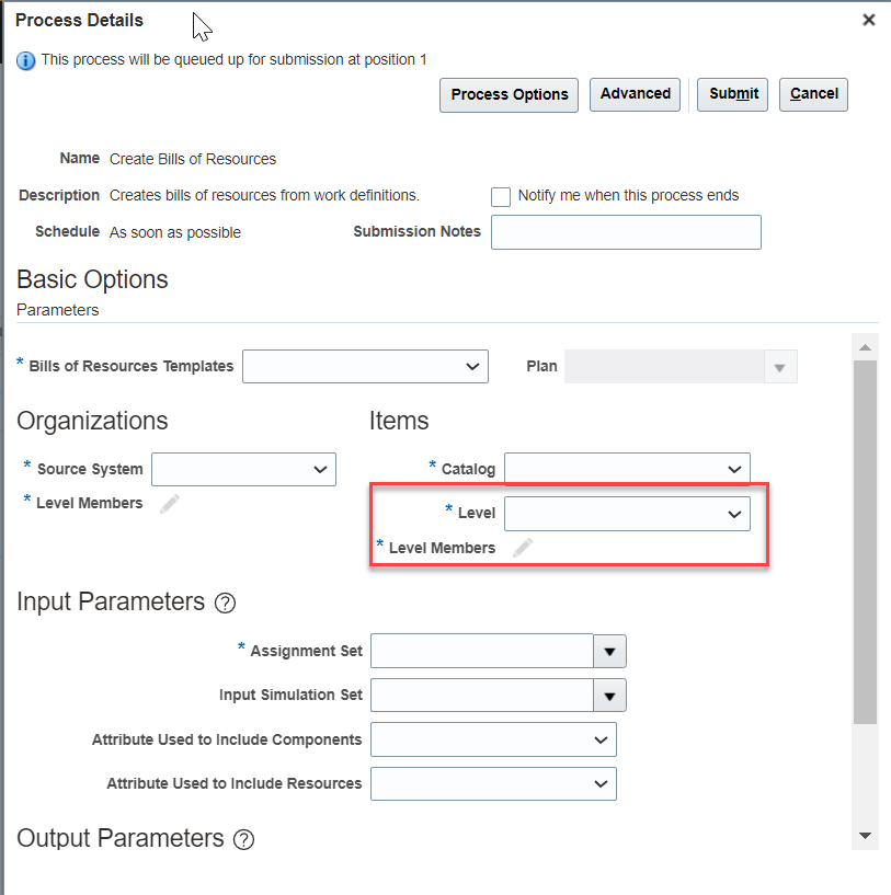 Details Of The Catalog Related Parameters For The Ess Create Bill Of Resources — Cloud