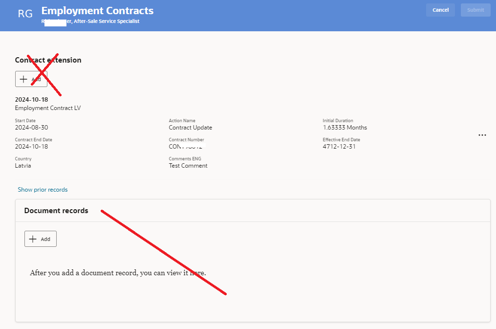 Hide Contract Extension And Document Records Sections On Employment Contract Redwood Page