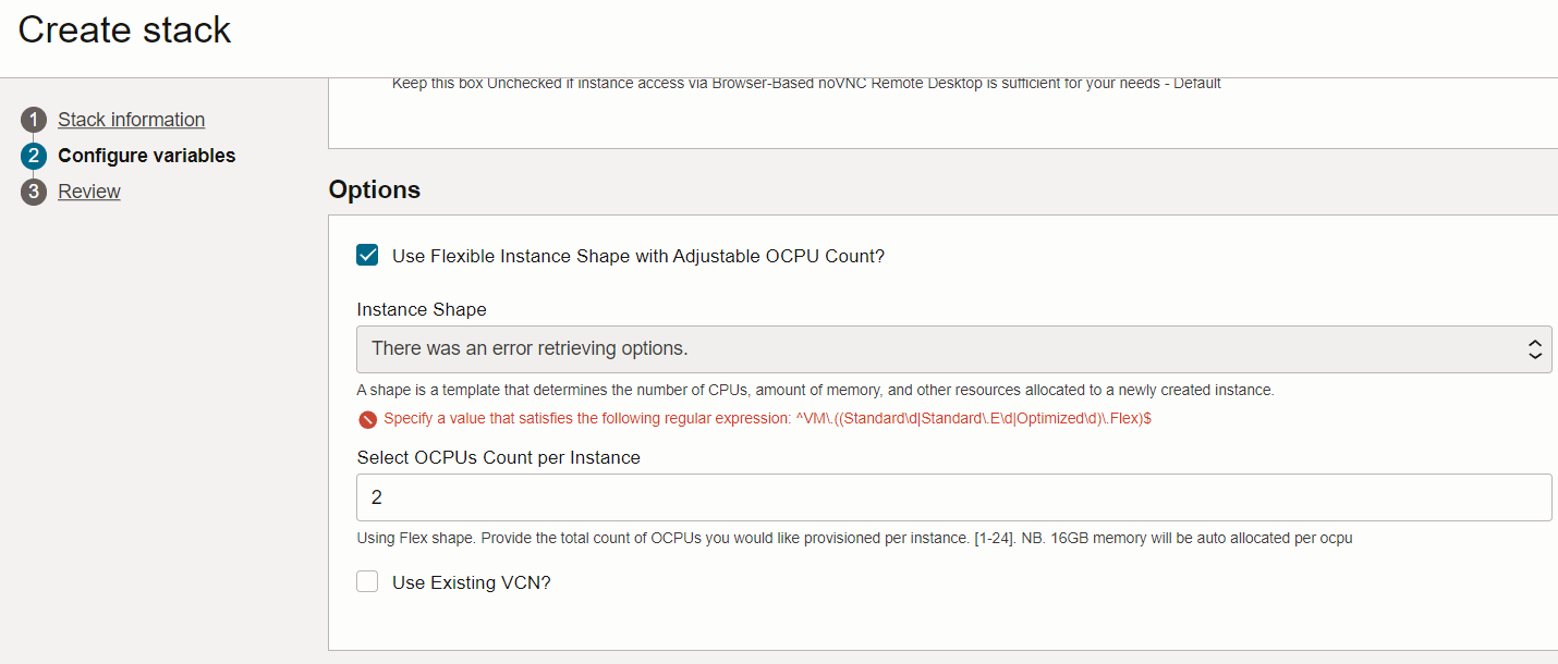 When creating a stack, the (instance shape) list is disabled with error message — Cloud Customer ...