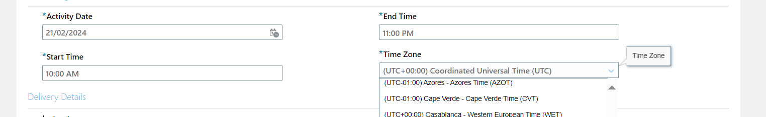 How are the list of time zones managed in the Offering activity ...