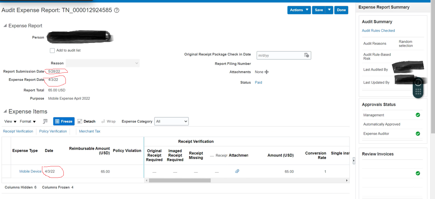 What is the expnse items date field in OTBI for out of pocket expenses — Cloud Customer Connect