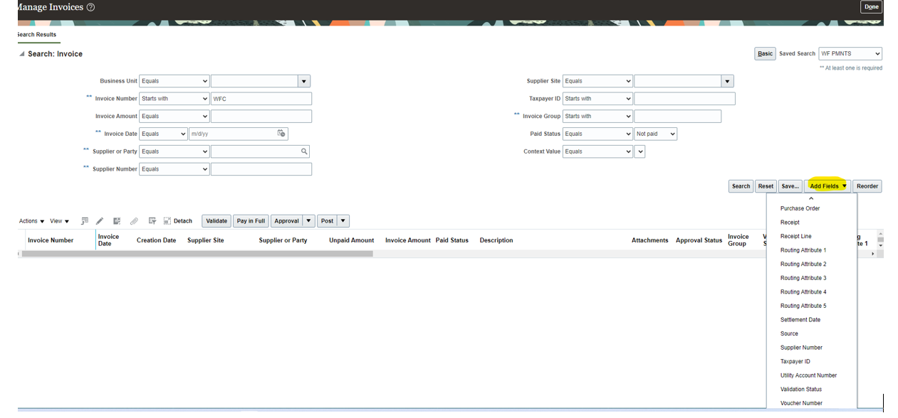ability to add new fields on the 'Add Fields' for payables manage invoices — Cloud Customer Connect