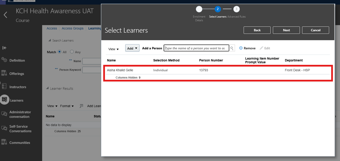 Learning admin is not able to see the learners in the course — Cloud Customer Connect