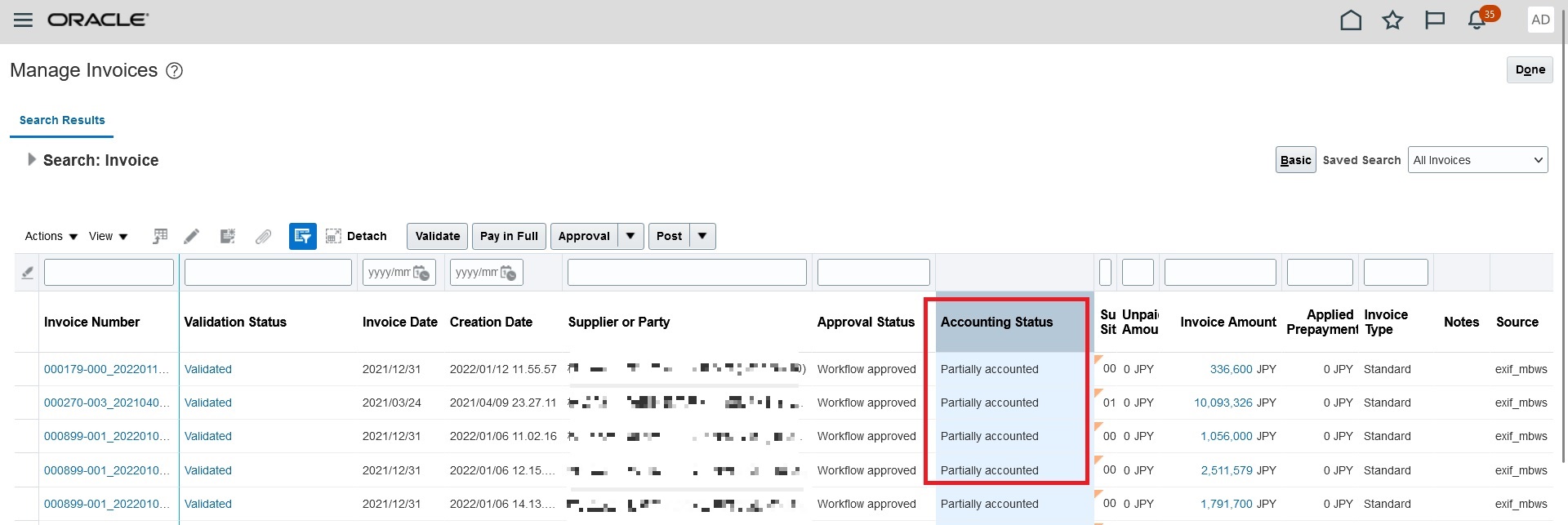 The column "Accounting Status" on Manage Invoice screen is which table ...