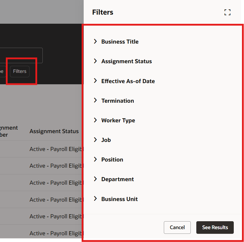 To add Assignment DFF's into Change Assignment Page Filters Criteria — Cloud Customer Connect