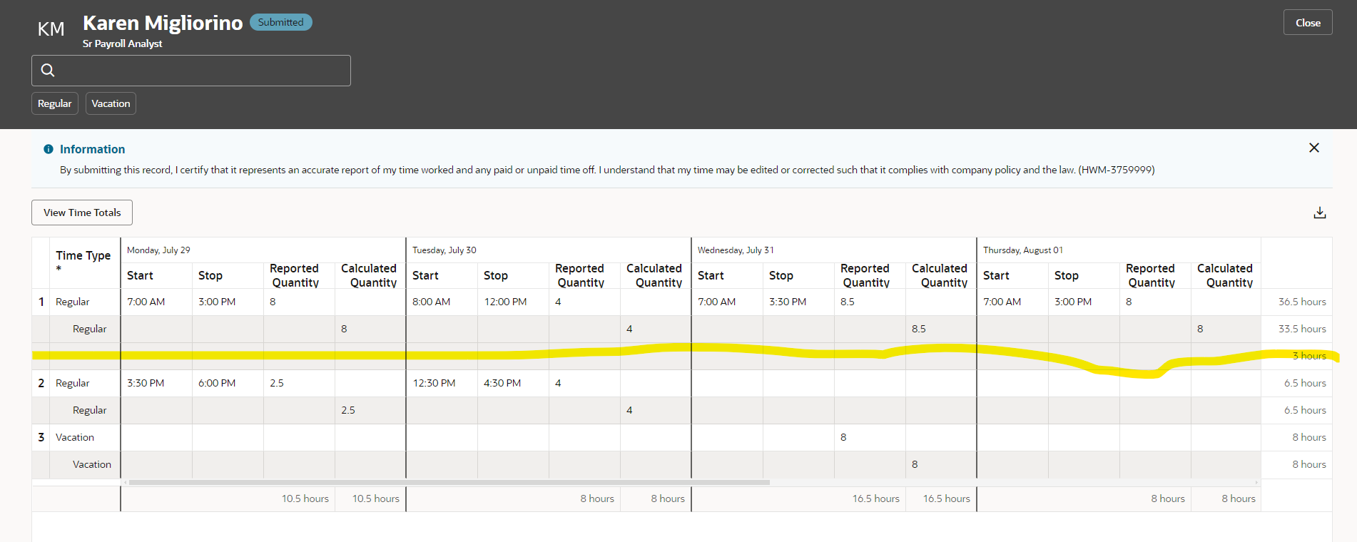 Redwood Time Card Calculated Time Missing Time Type Label — Cloud Customer Connect