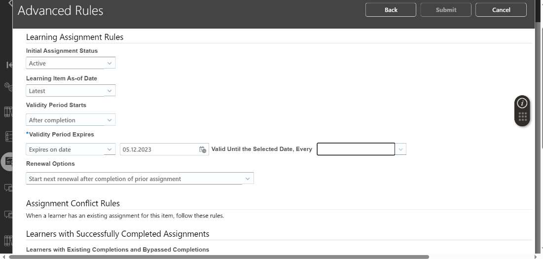 the default assignment rules and Advanced rules while adding a learner for a renewal course ...