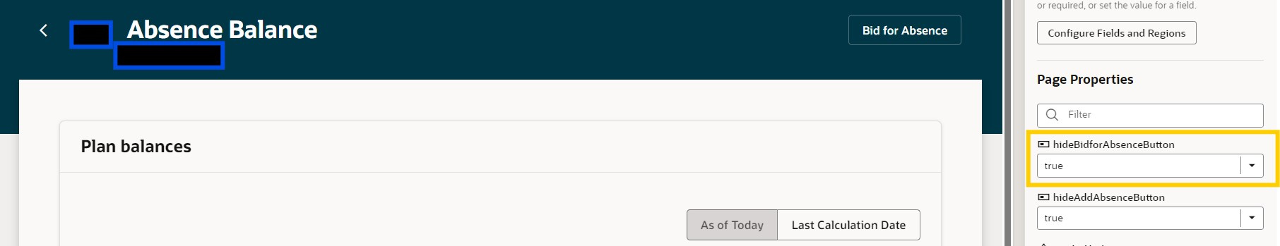 Absence Balance page - Not able to hide button Bid for Absence — Cloud Customer Connect