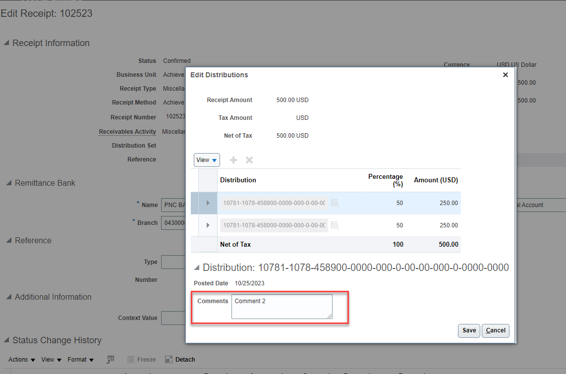 What Table is the Miscellaneous Receipt Distribution Comment located in? — Cloud Customer Connect