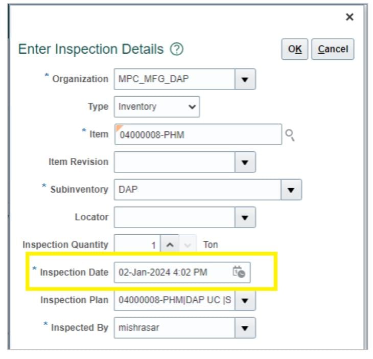 How to change inspection date in create inspection form which is under ...