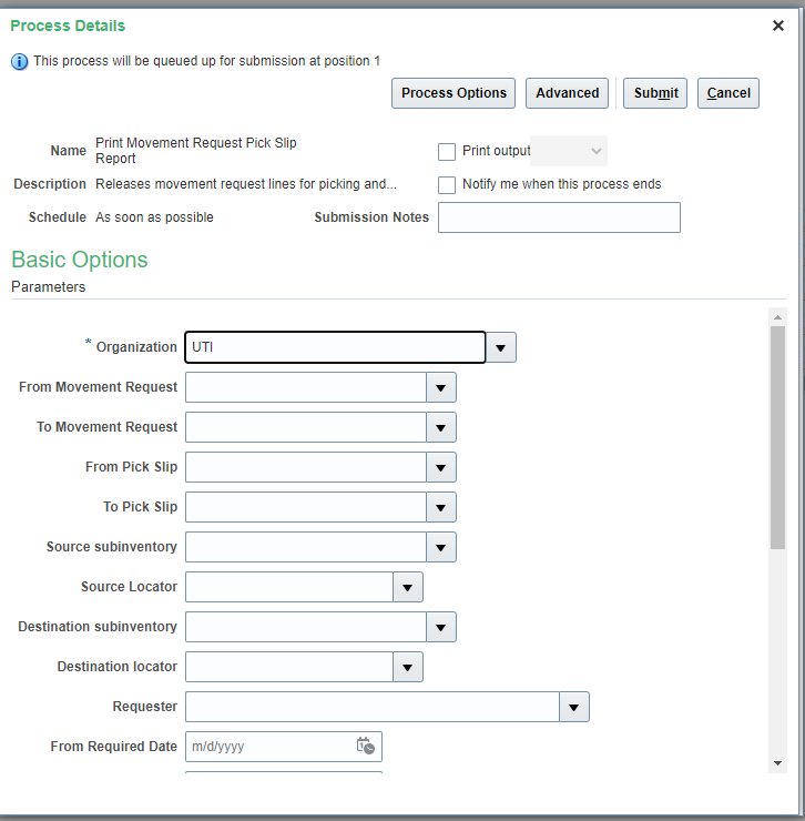 Can I set the parameter to require in Print Movement Request Pick Slip ...