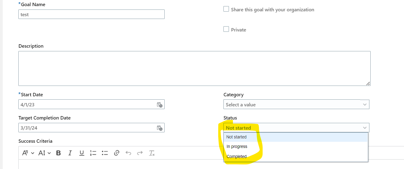 Disable Goal status, Measurement tab to be Mandatory with removal of ...