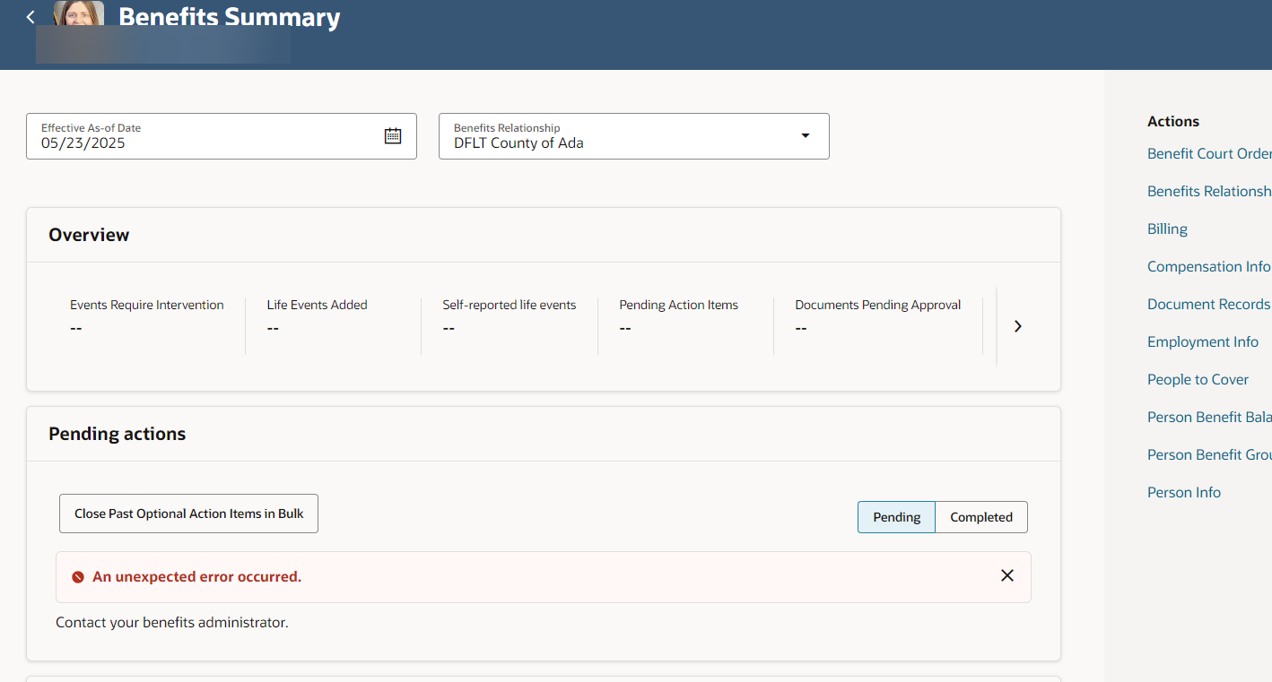 Benefits Activity Center Error on Benefits Summary Page — Cloud Customer Connect