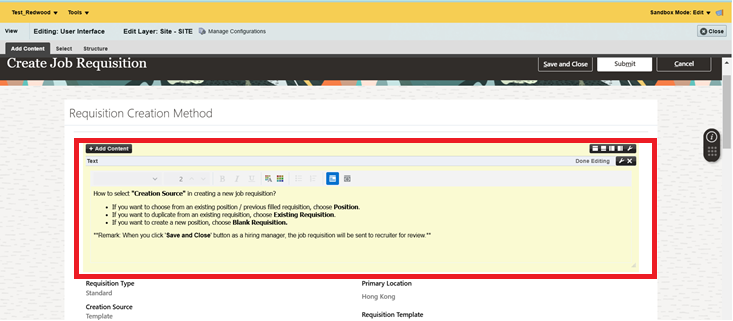 Add a custom text in Create Job Requisition page in Redwood — Cloud Customer Connect