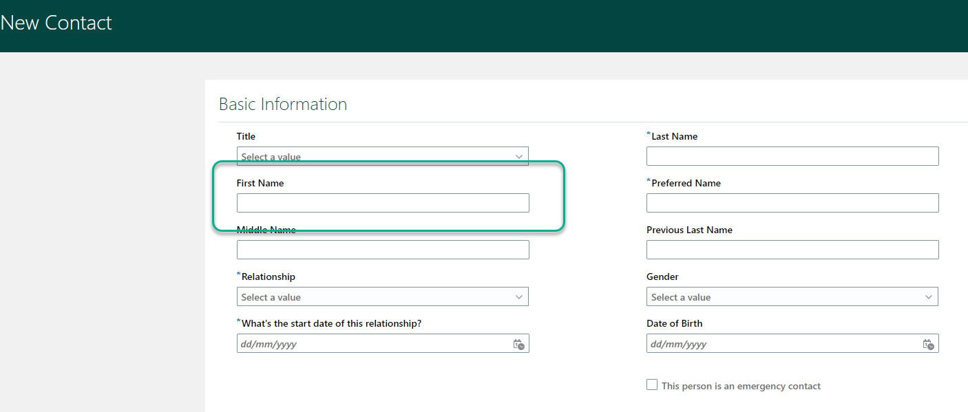 Family and Emergency Contacts mandatory fields — Cloud Customer Connect