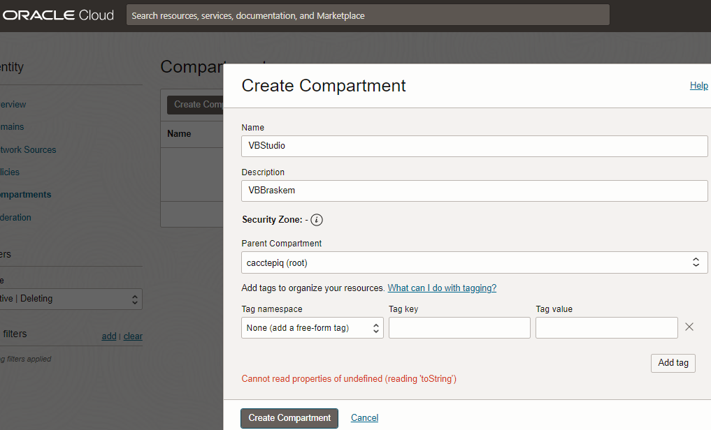 Error Create Compartment For Visual Builder — Cloud Customer Connect