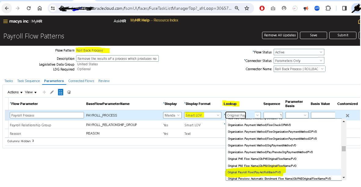 Query to get the flow patterns submitted for Roll back Process in ...