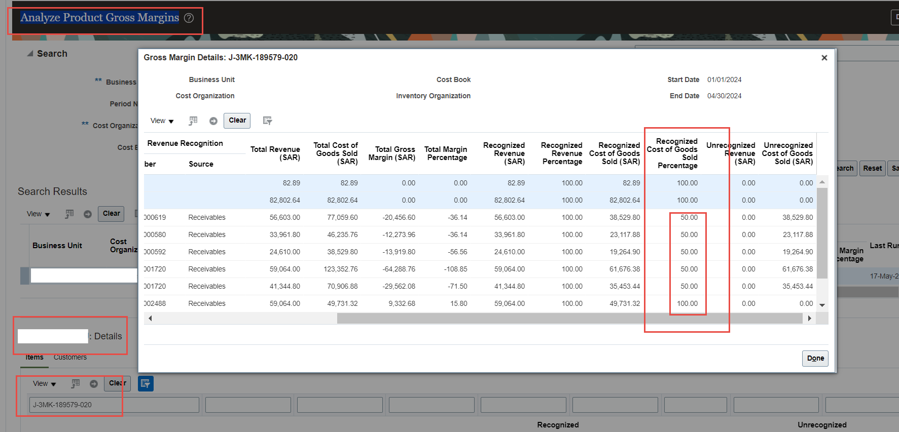 How the"Recoginized cost of goods sold percentage"calculated on the ...