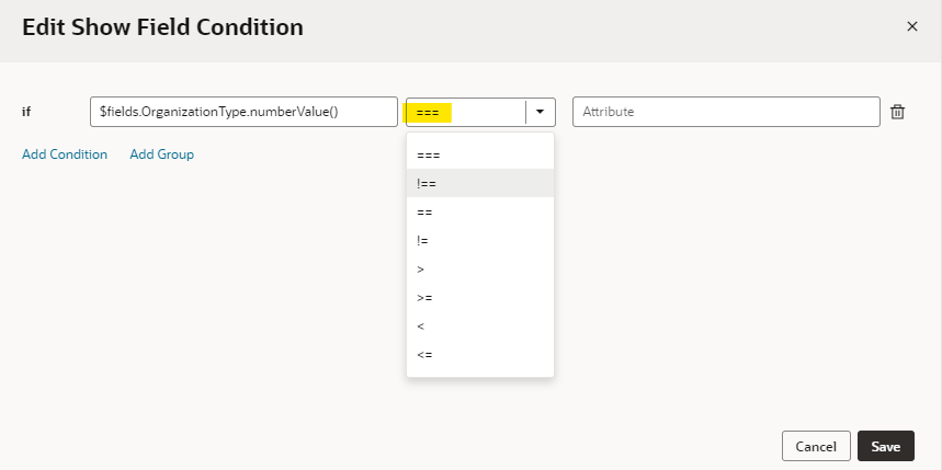 Unable to add advanced Expressions for field in Rule Sets in Visual Builder Studio for Accounts ...