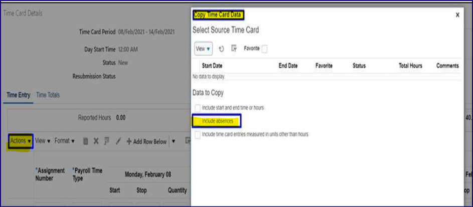 Hide or disable or make not visible - the 'include absence' check box on copy time card data pop ...