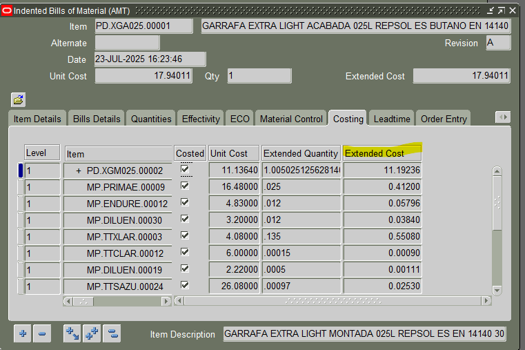 Where can I see the the info from eBS costing tab from Idented Bill of Materials in fusion cloud ...