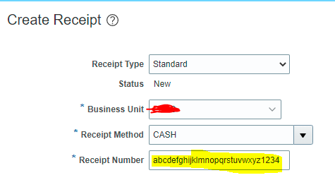 Fusion Receivable receipt number field is limited to 30 character in ...