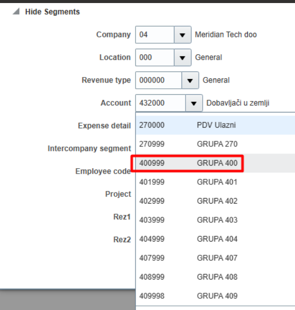 The search in accounting flexfield segments is searching only based on ...
