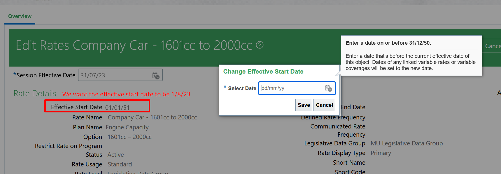 How to change effective start date of an existing benefit rate? — Cloud Customer Connect