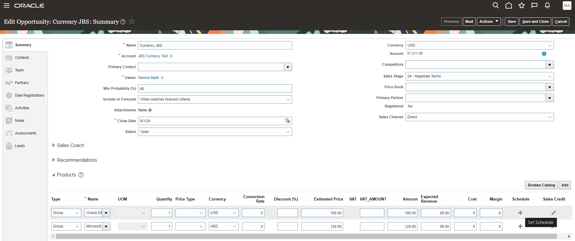 How can I enable the 'Set Schedule' button within the Opportunity ...