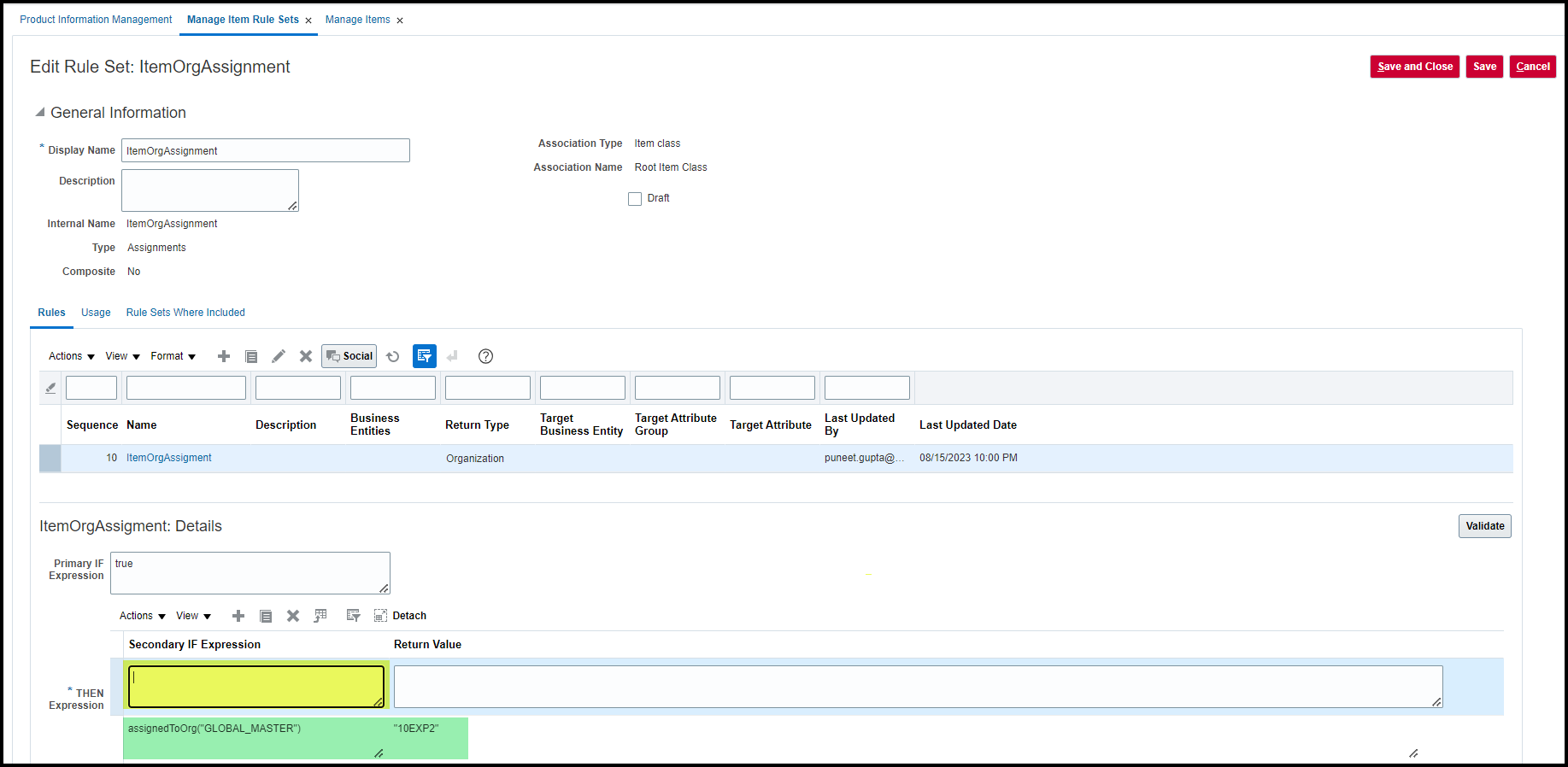 List of Secondary If Expressions in the Item Rule Sets in Oracle PIM ...