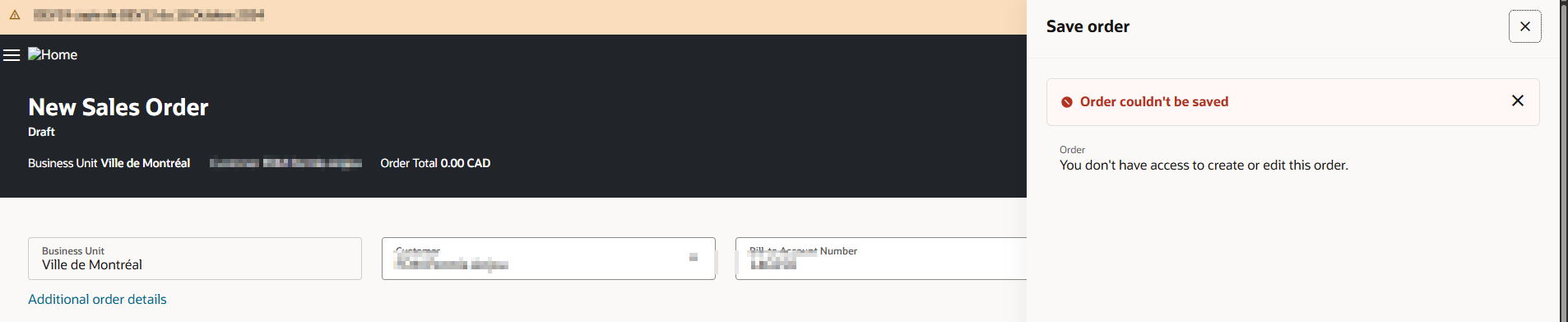 Order couldn't be saved. You do not have access to create or edit this ...