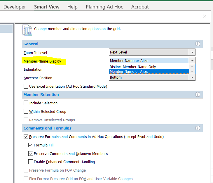 Not Able to see Member display option in Oracle Smart View (v22.100) Member Name and Alias ...