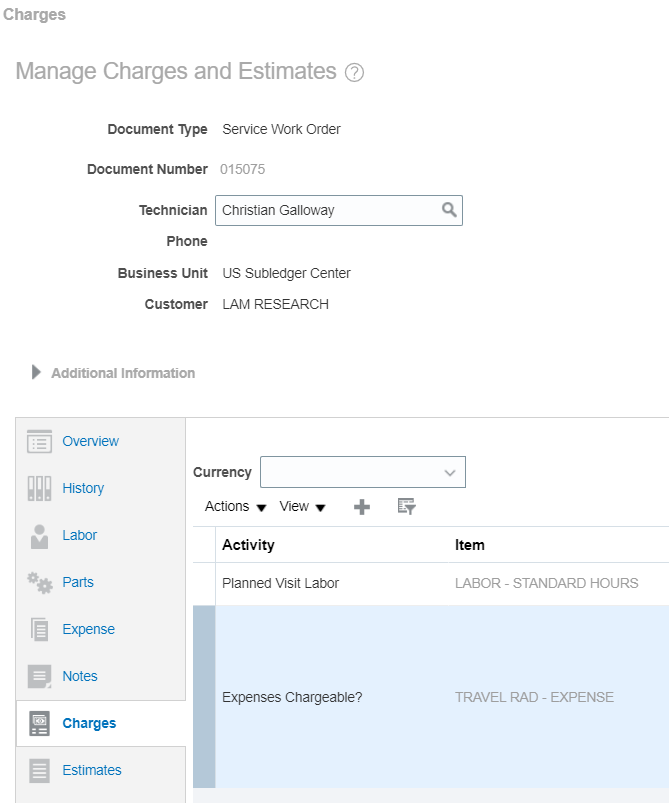 Table to check charges on field service work orcder — Cloud Customer ...