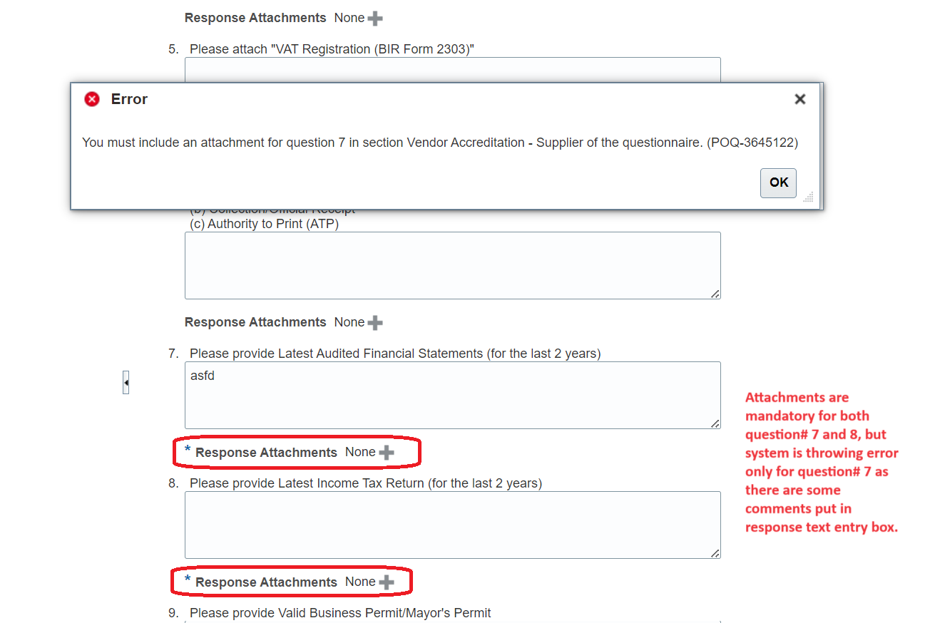 Mandatory Questionnaire Attachments are not validated in Supplier Self Service Registration ...