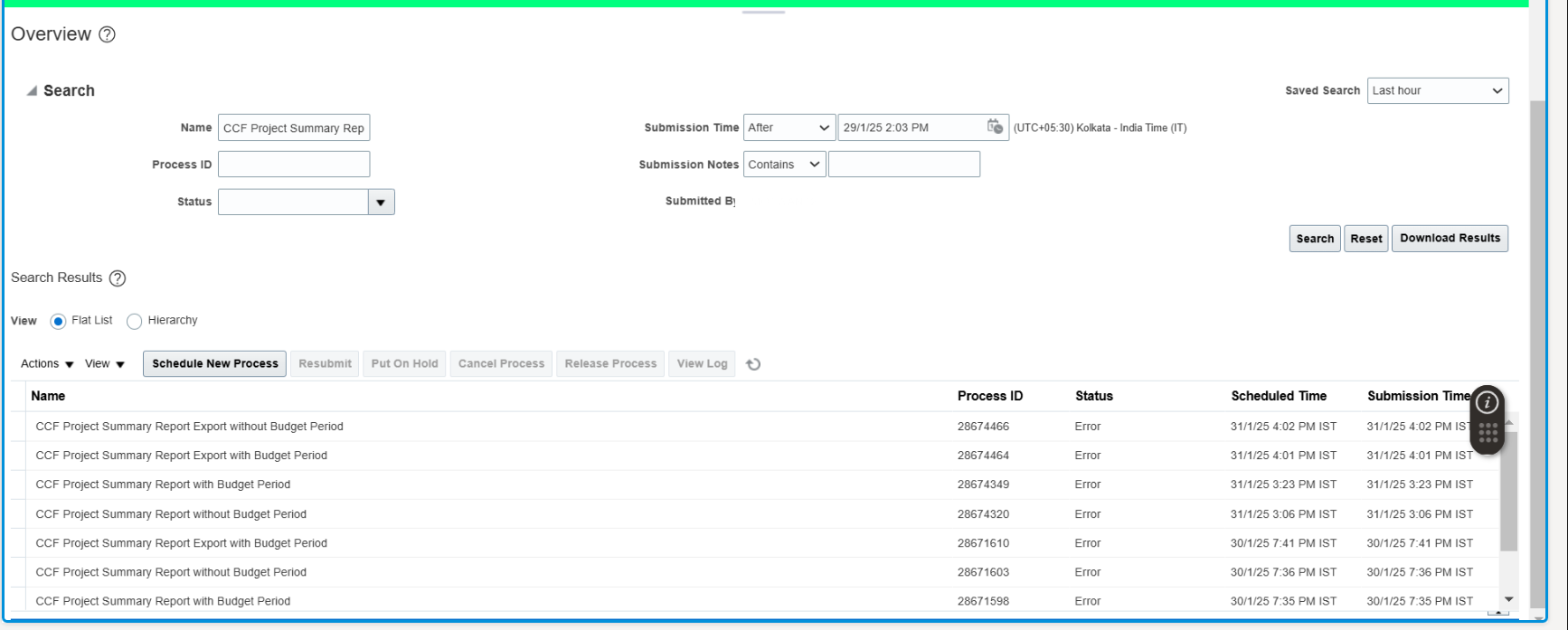 25A-SOAK- Project Reports ending into error — Cloud Customer Connect