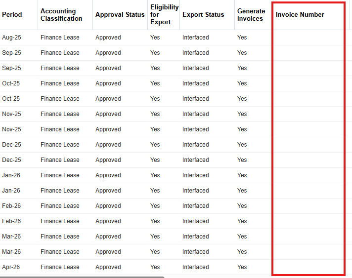 Invoice number is missing in the lease module screen — Cloud Customer ...