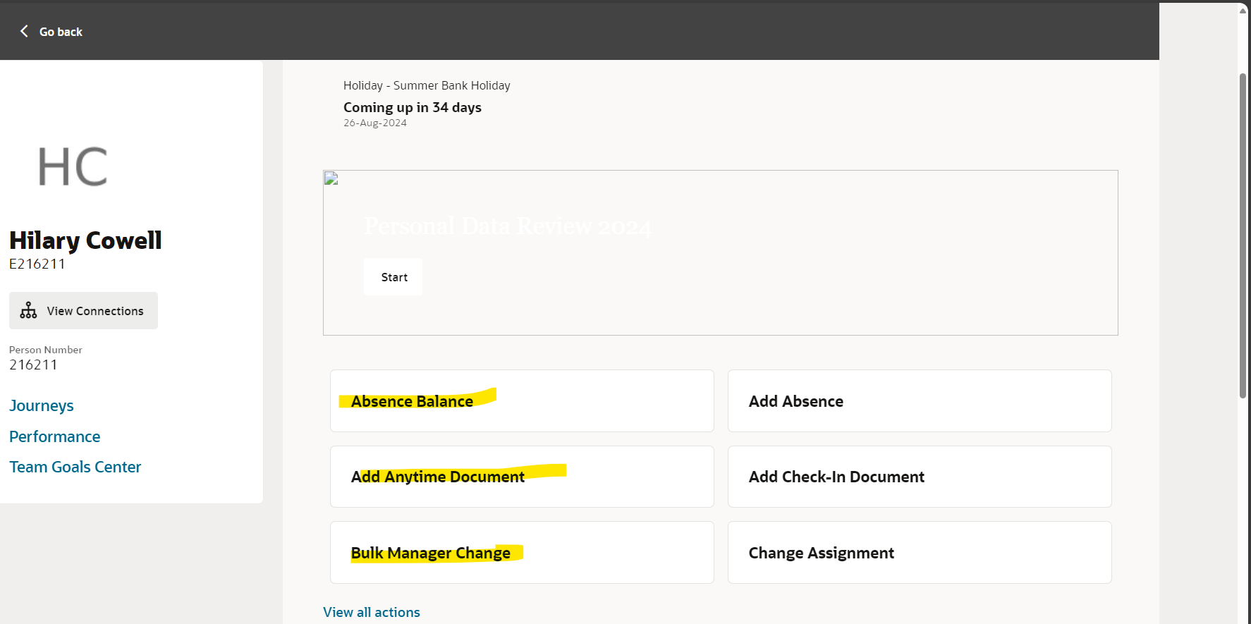 How to set default managers quick actions under Redwood person spotlight page — Cloud Customer ...