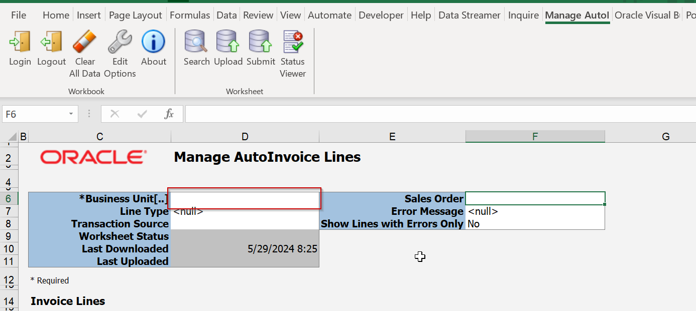 How To Default Bu On Manage Autoinvoice Lines Excel In Oracle Cloud 