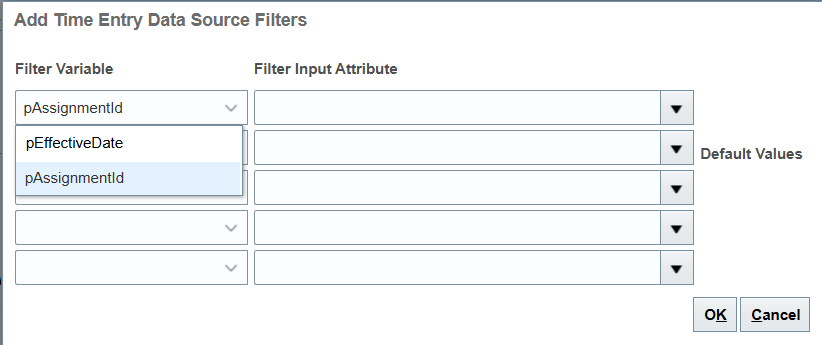 In the time entry layout components, when adding filters, the values do ...