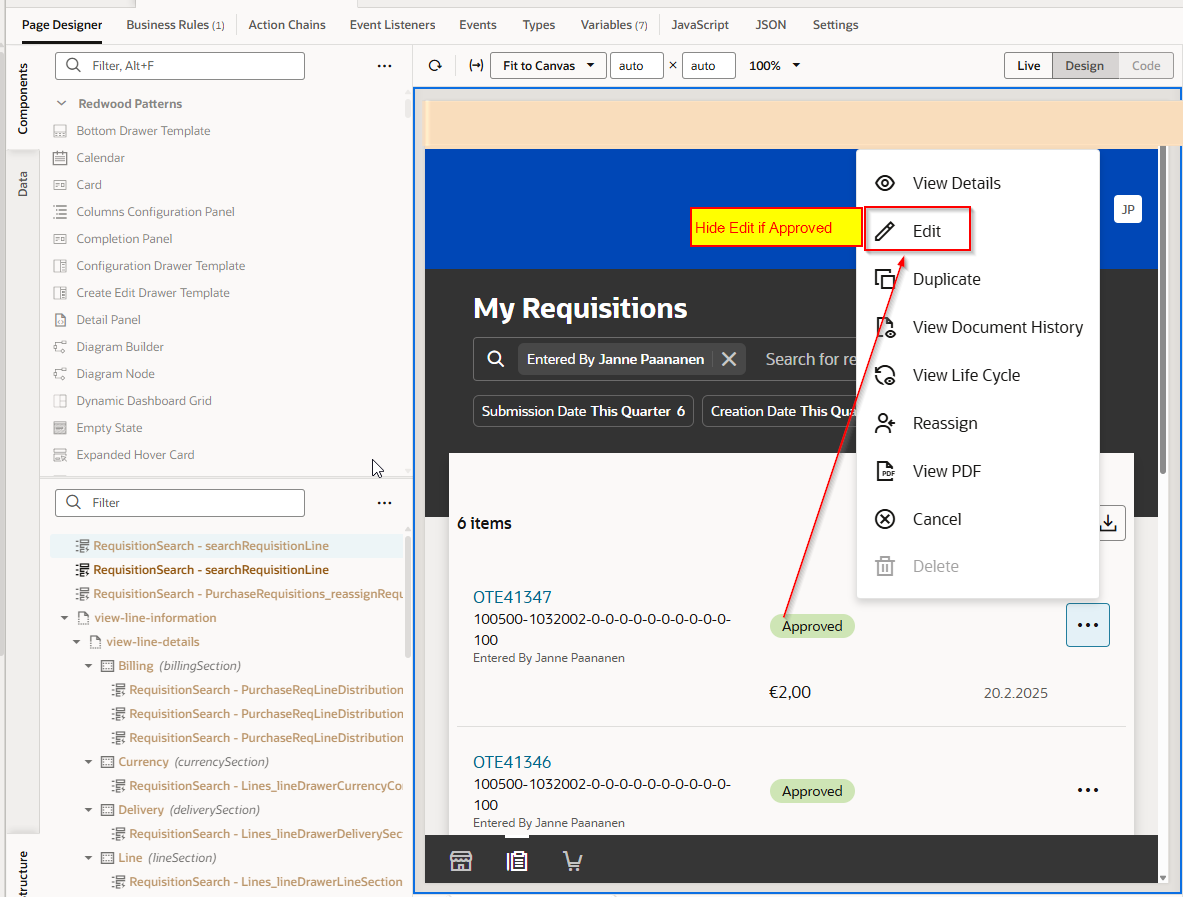 Redwood Manage Requisition Hide Edit Button After Document Approved — Cloud Customer Connect