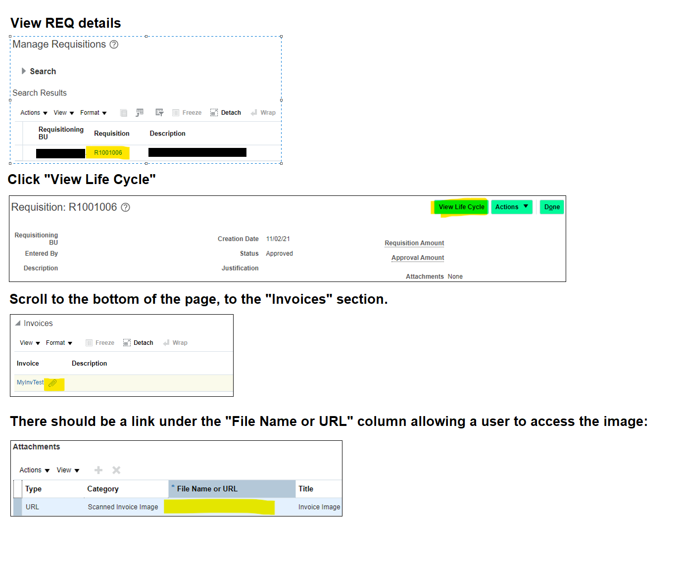 Requisitions Life Cycle Page Cannot View Invoice Attachment Link — Cloud Customer Connect