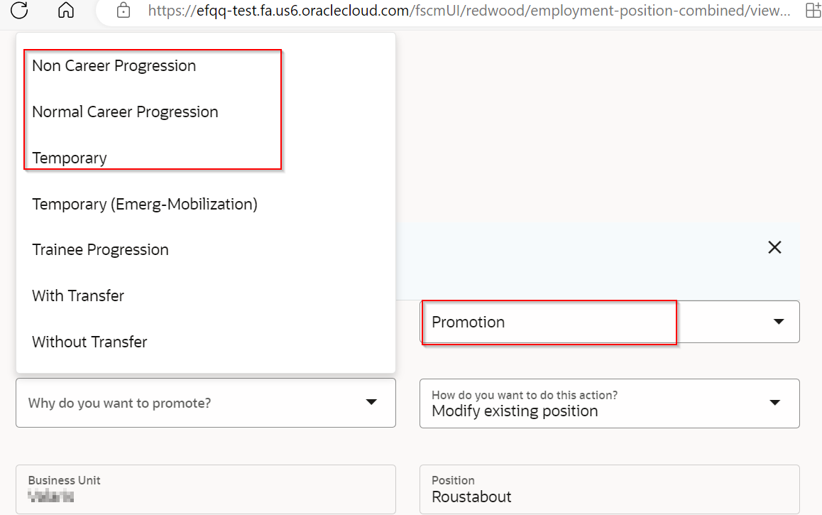 Promote and Change Position RW page displays action reasons that are ...