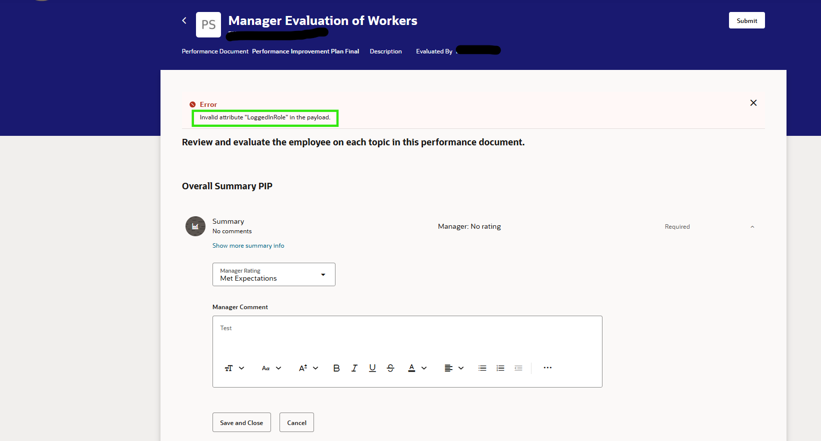 Error when Submitting Employee's Performance Document — Cloud Customer ...