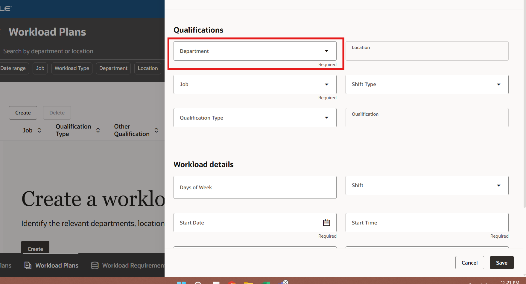 Department LOV under Create Workload Plan --Workload Management App — Cloud Customer Connect