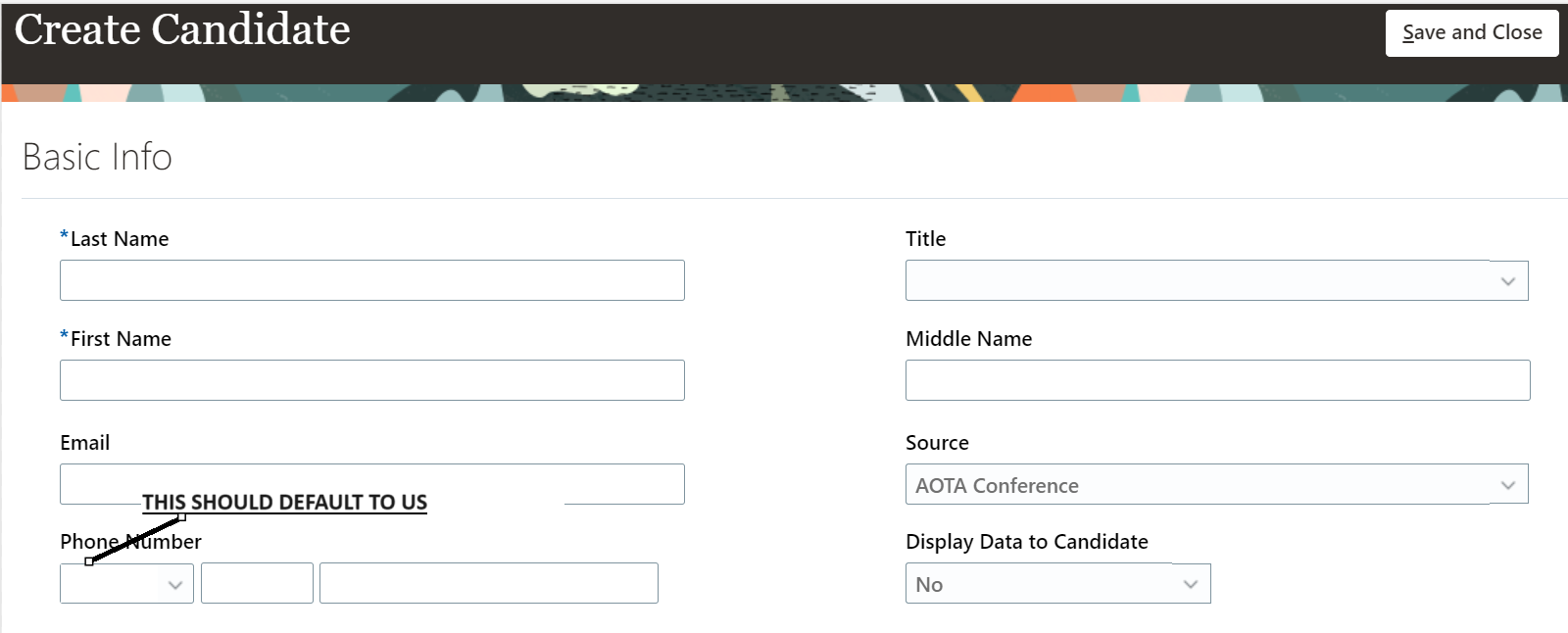 Default country code on create candidate page — Cloud Customer Connect